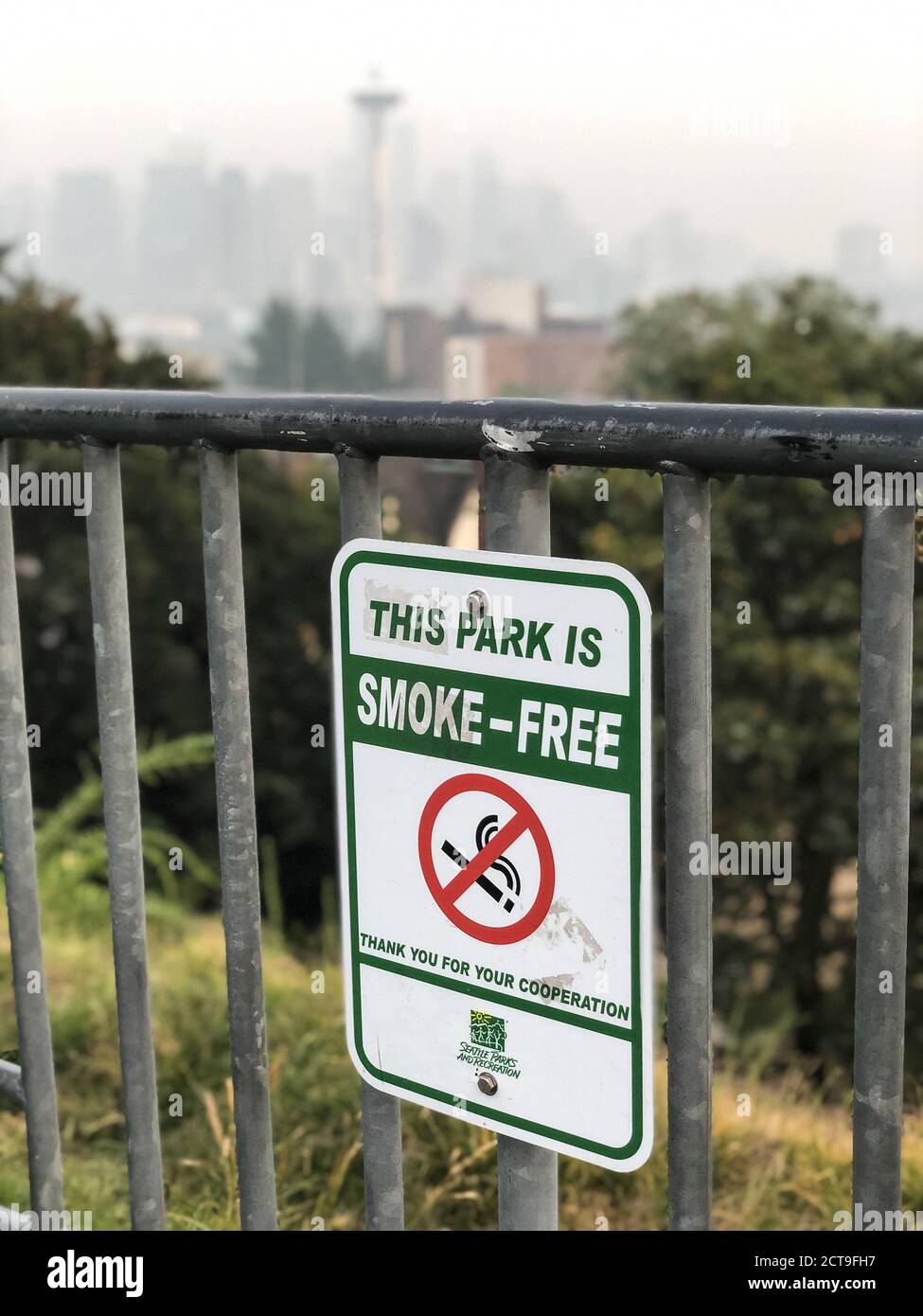 Seattle, USA. 11th Sep, 2020. Kerry Park is smoke free sign, as the air ...