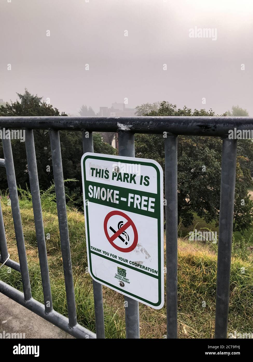 Seattle, USA. 13th Sep, 2020. Kerry Park is smoke free sign, as the air ...