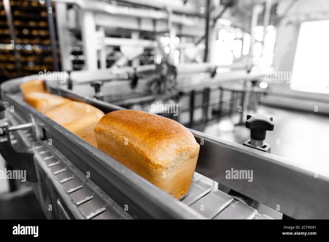Baked breads on automatic production line bakery from hot oven Stock ...