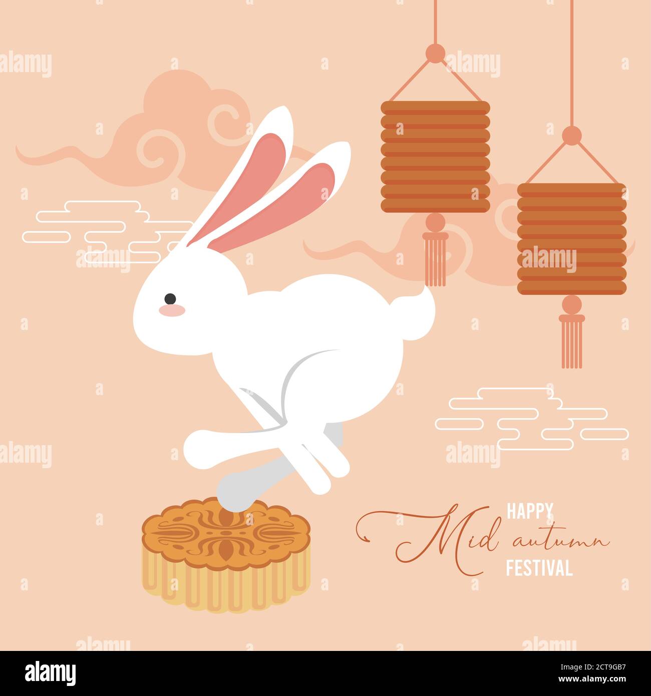 happy mid autumn lettering card with rabbit jump and lanterns vector ...