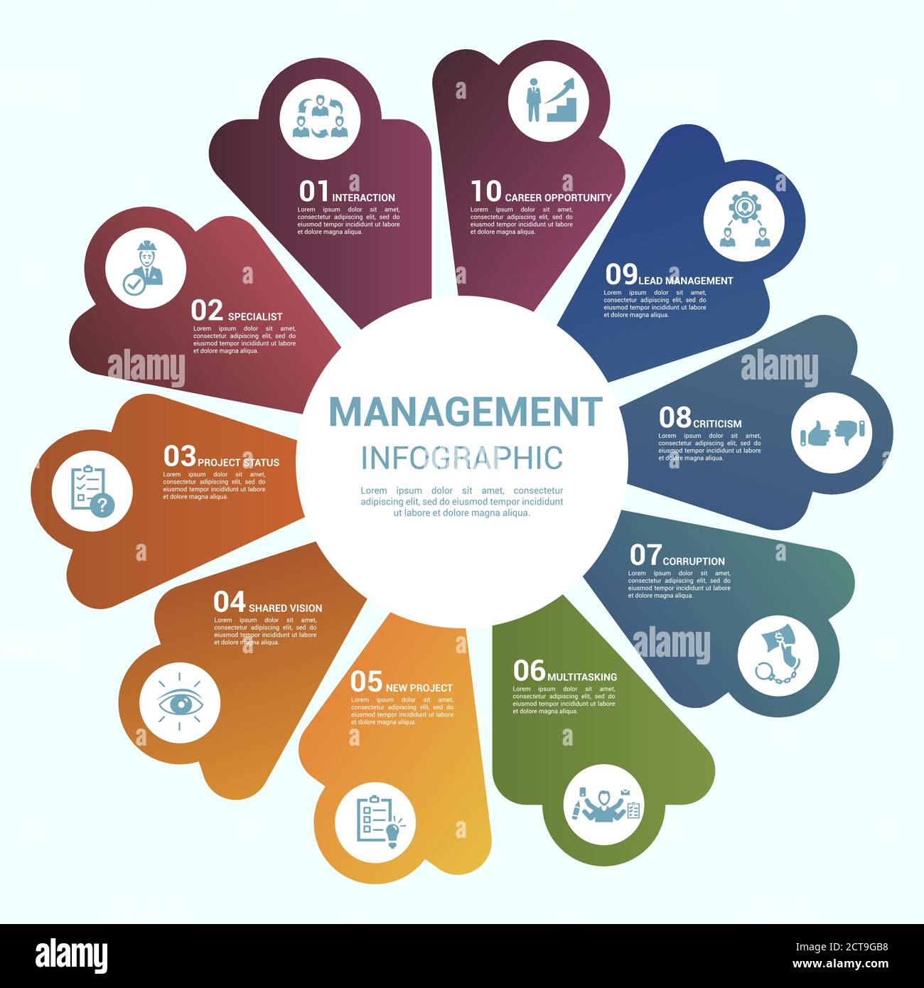 Infographic Management template. Icons in different colors. Include ...