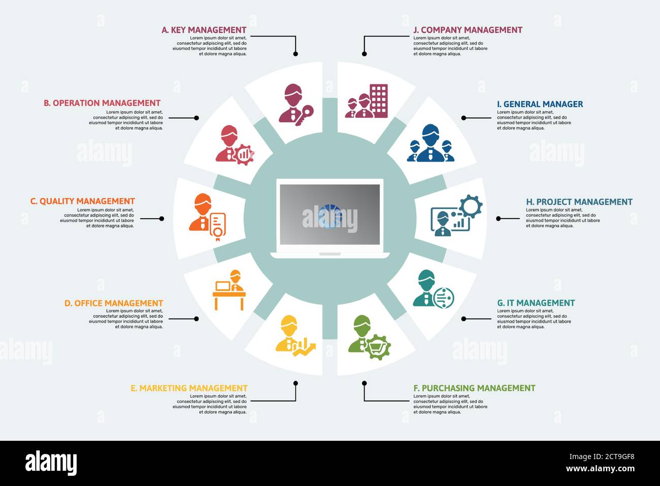 Infographic Company Management template. Icons in different colors ...