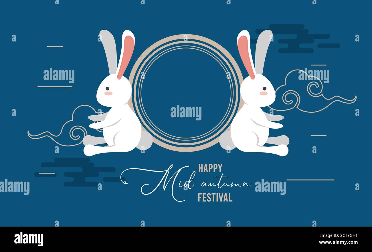 happy mid autumn lettering card with rabbits frame vector illustration ...