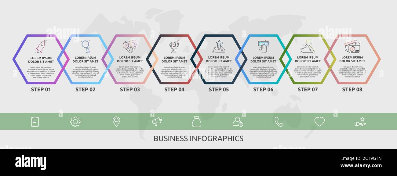 Vector infographic line template hexagons for eight icons, diagram ...