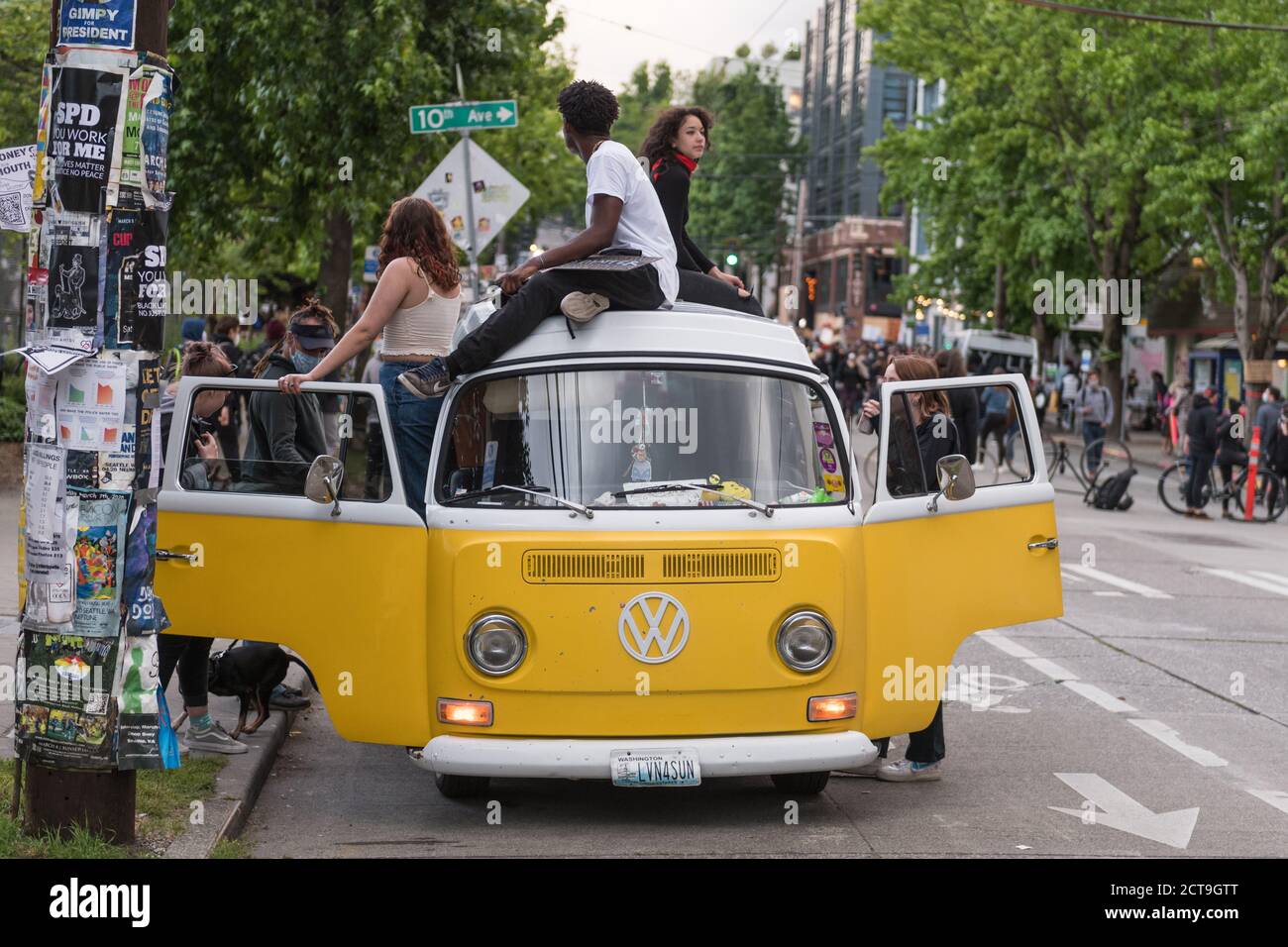 Seattle, USA Jun 5, 2020: A VW bus at the East Precinct protest line ...