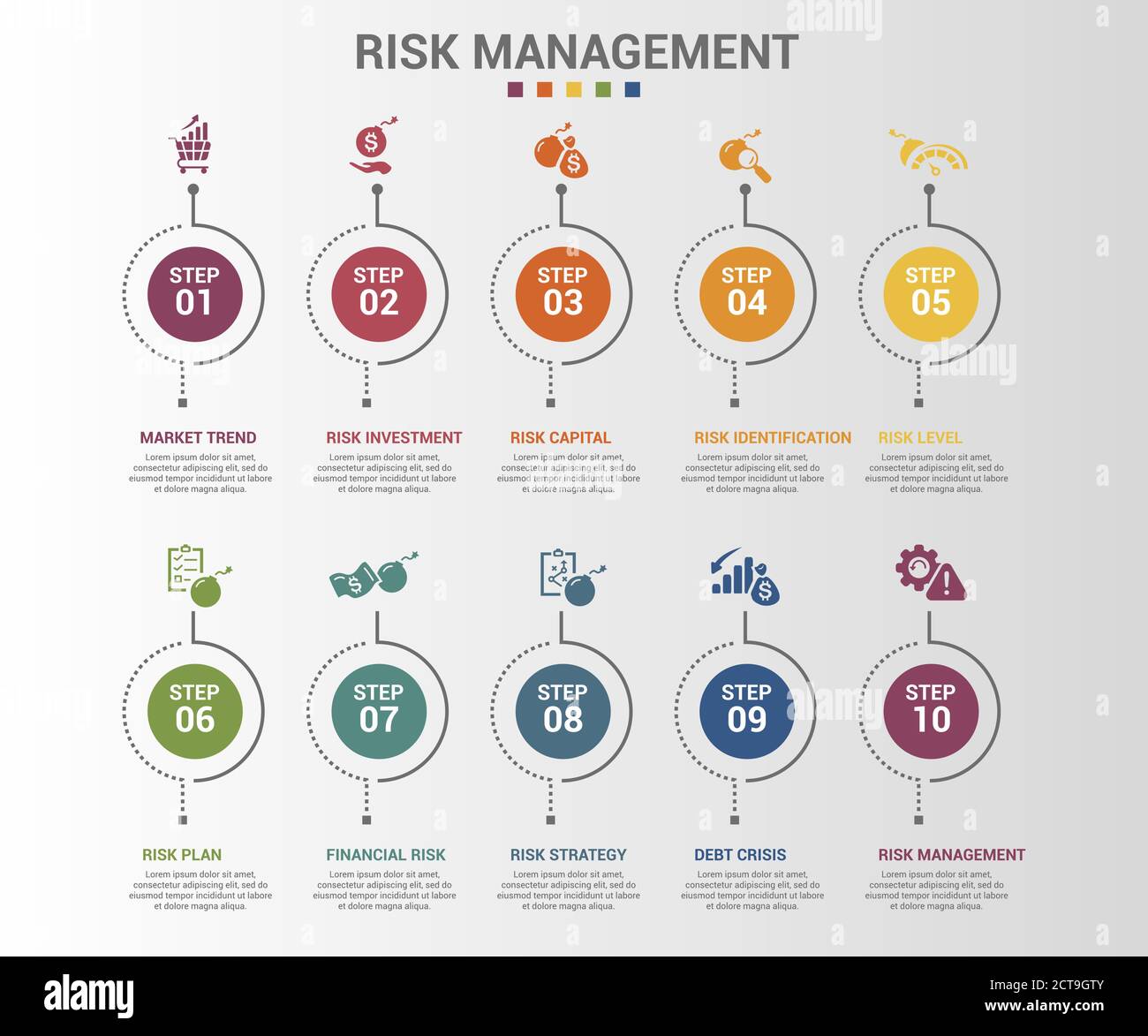 Infographic Risk Management template. Icons in different colors ...