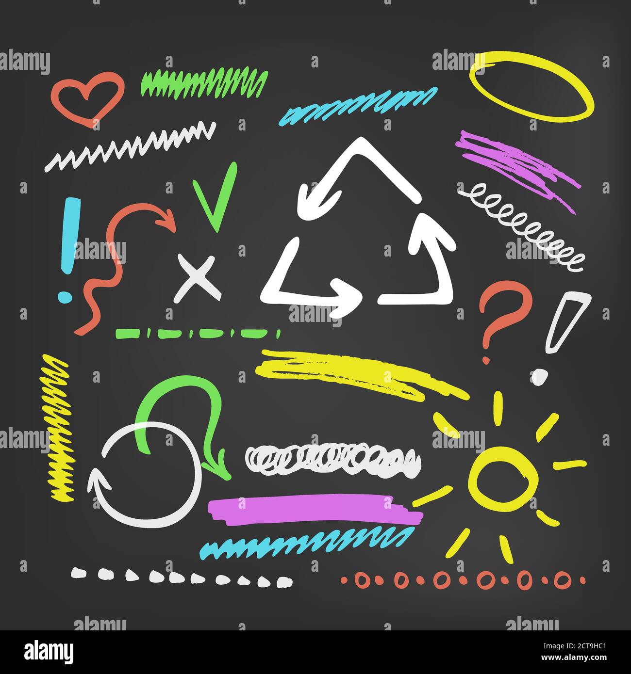 Colorful chalk elements collection on blackboard. Set of hand drawn ...