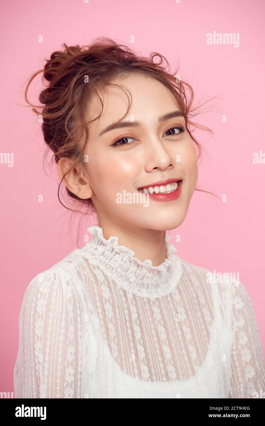 Beauty cute fashion model with natural make up on pink background Stock ...