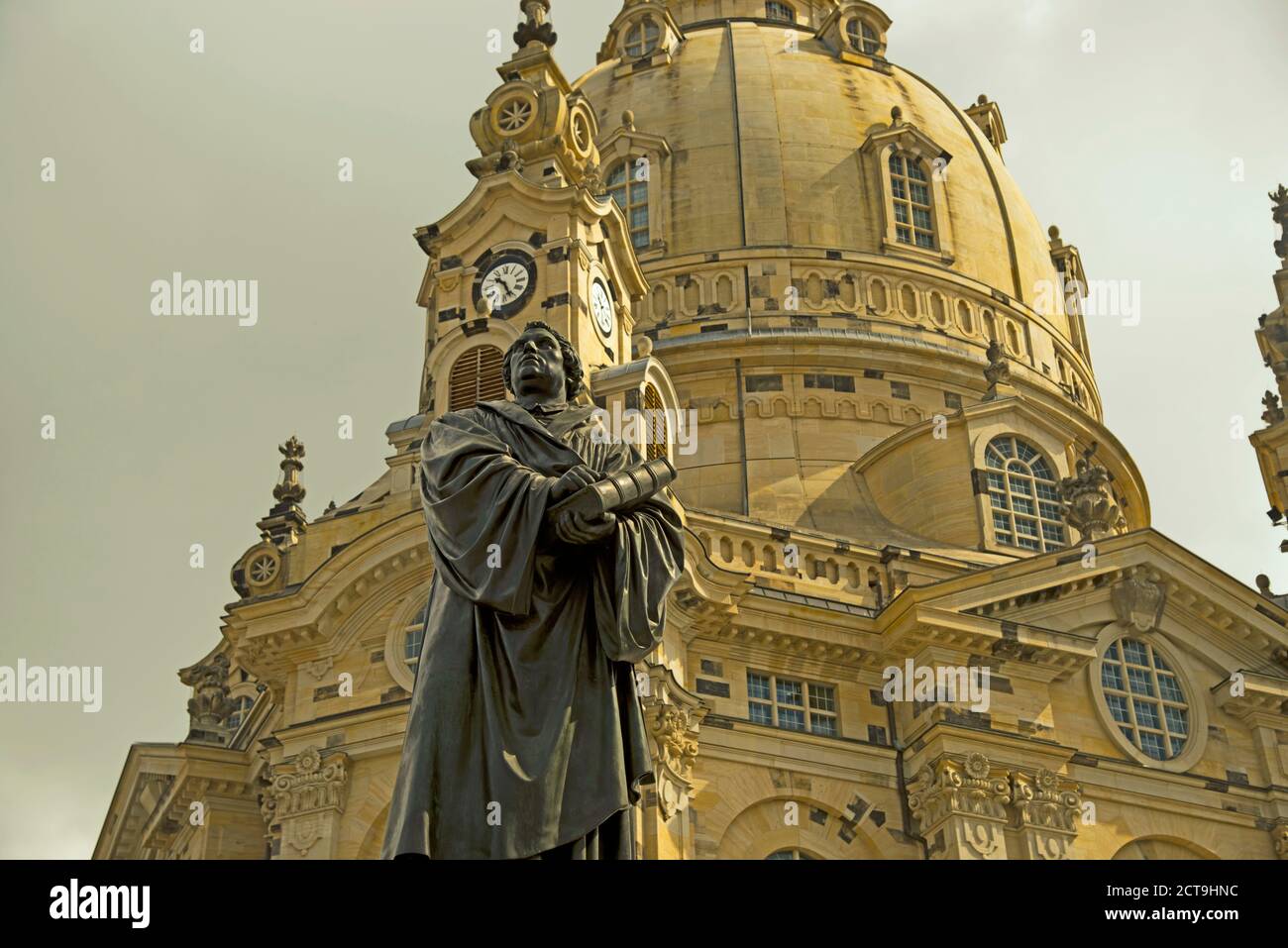 Germany, Saxony, Dresden, Statue of Martin Luther and Frauenkirche ...