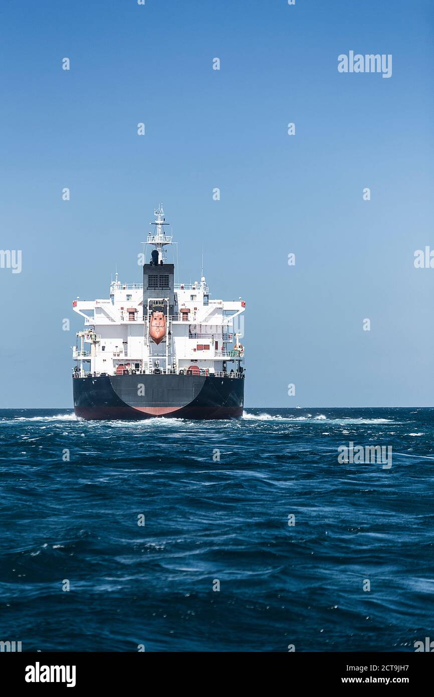 Spain, Andalusia, Tarifa, Strait of Gibraltar, Cargo ship, Ship's stern ...