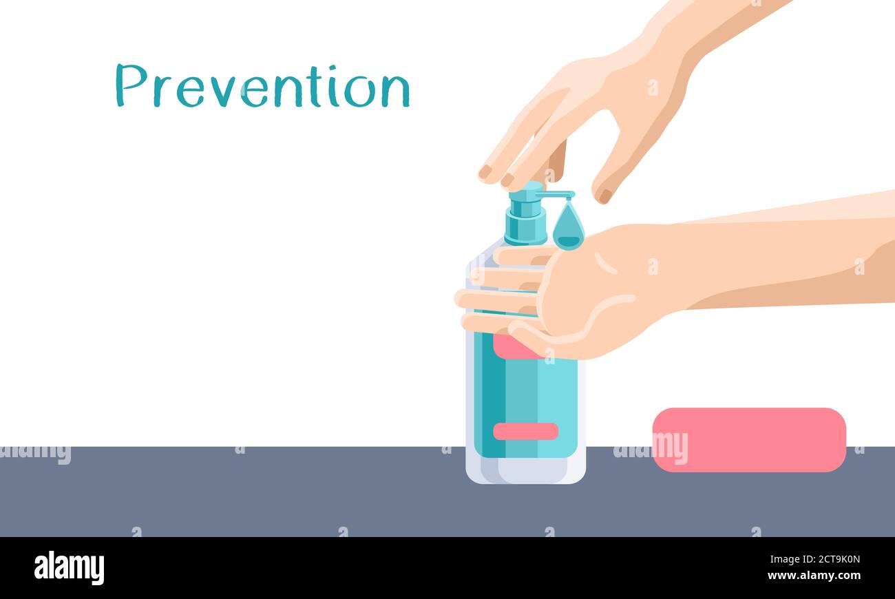 Prevention text on white backdrop with copy space. Hand disinfection ...