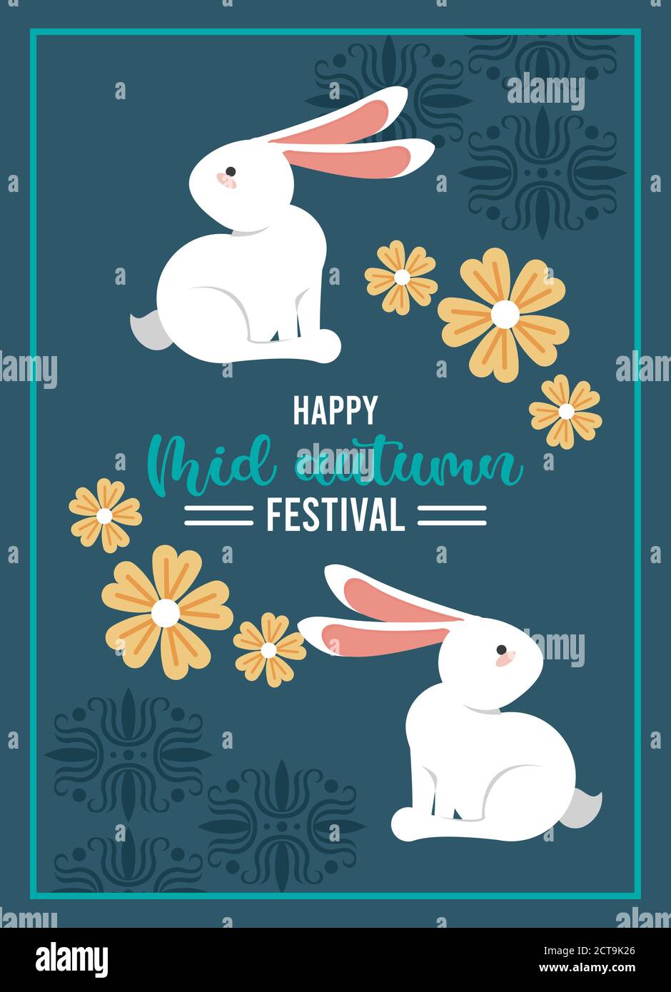 happy mid autumn lettering card with rabbits and flowers square frame ...