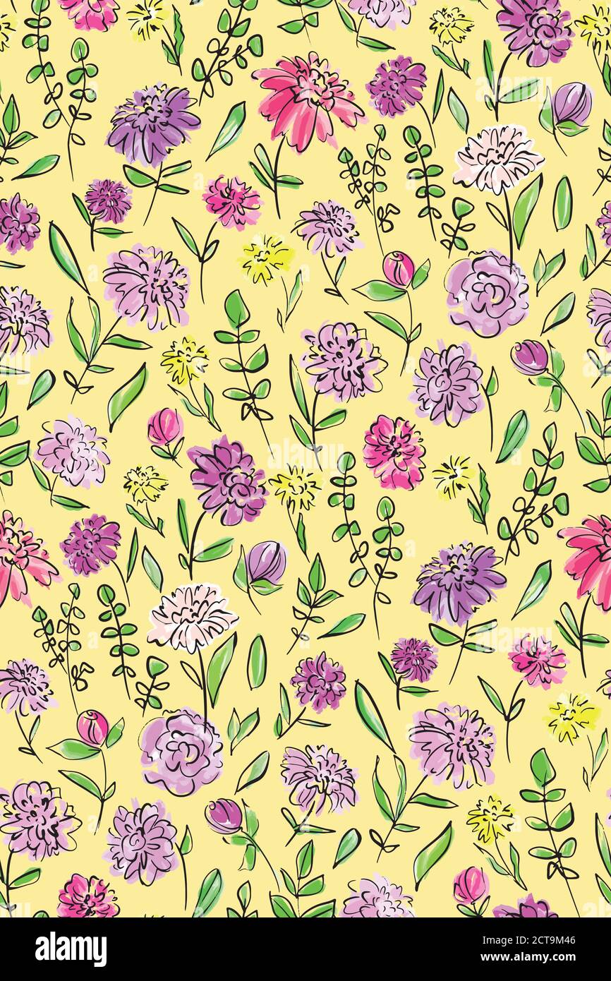 Floral seamless background pattern. Colorful spring flowers hand drawn, vector. Spring summer ...