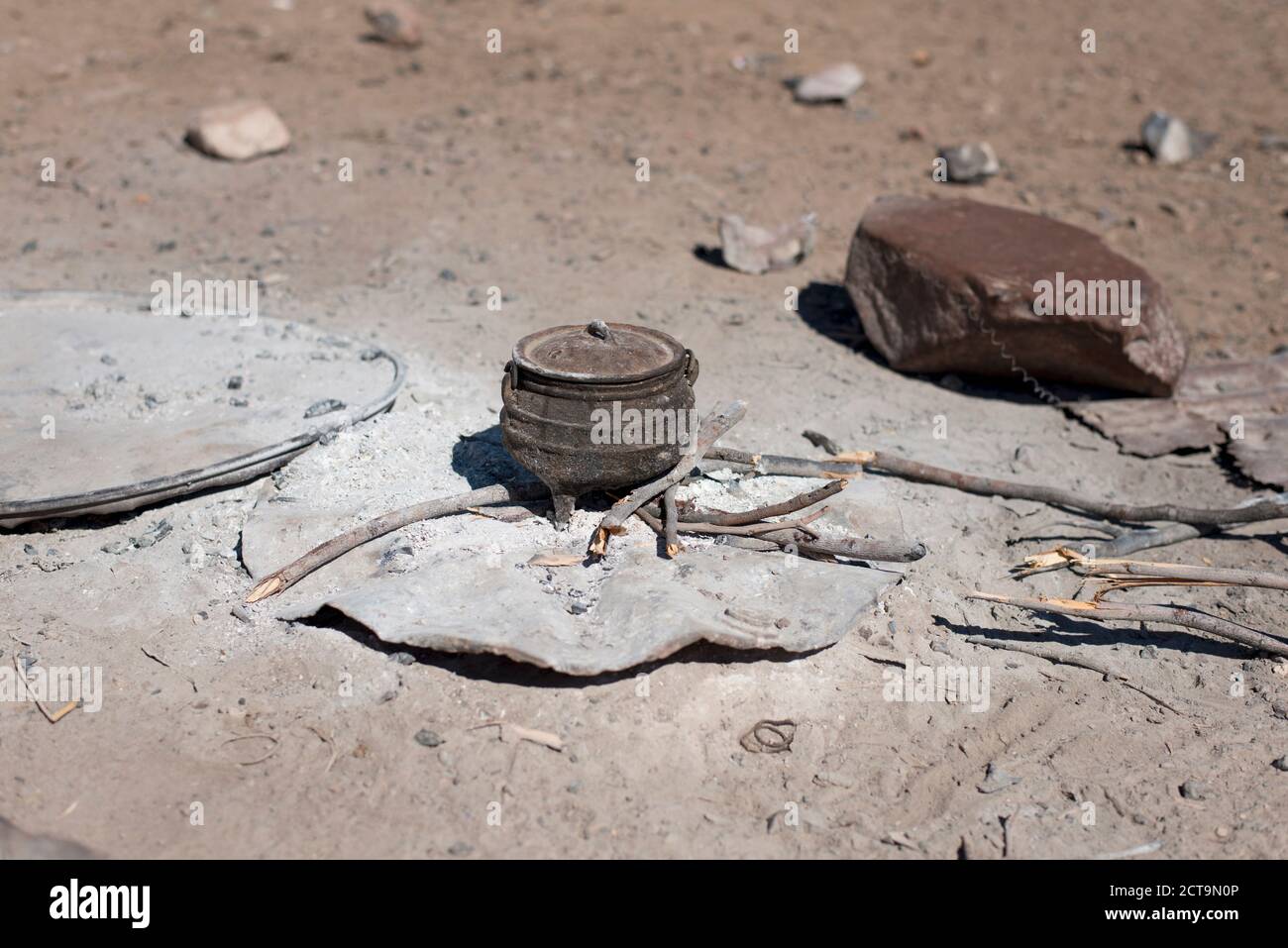 Africa, Namibia, Damaraland, Himba settlement, Fireplace with pot Stock ...
