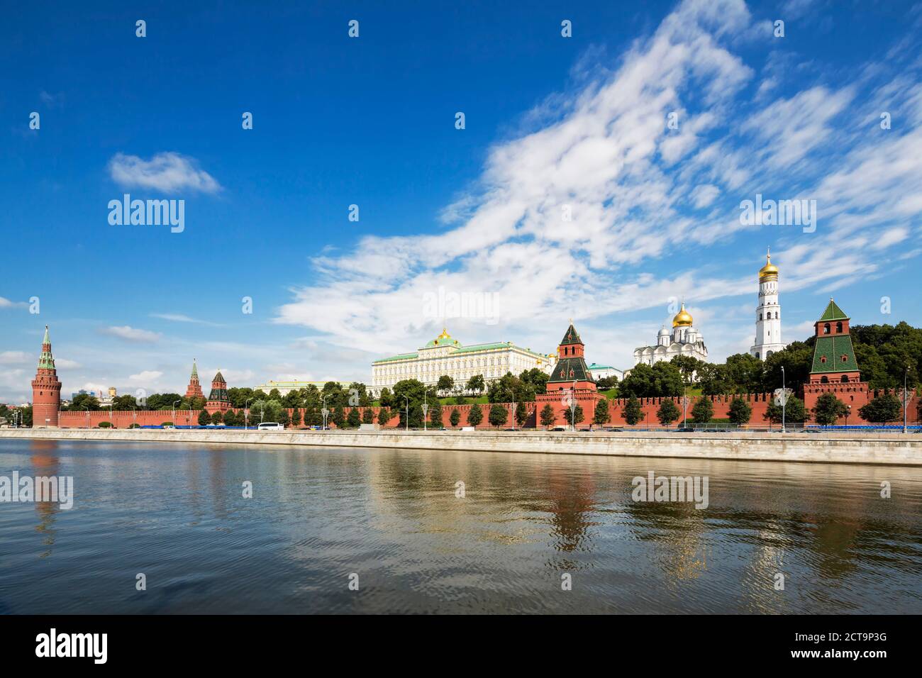 Russia, Moscow, River Moskva, Kremlin wall with towers and cathedrals ...