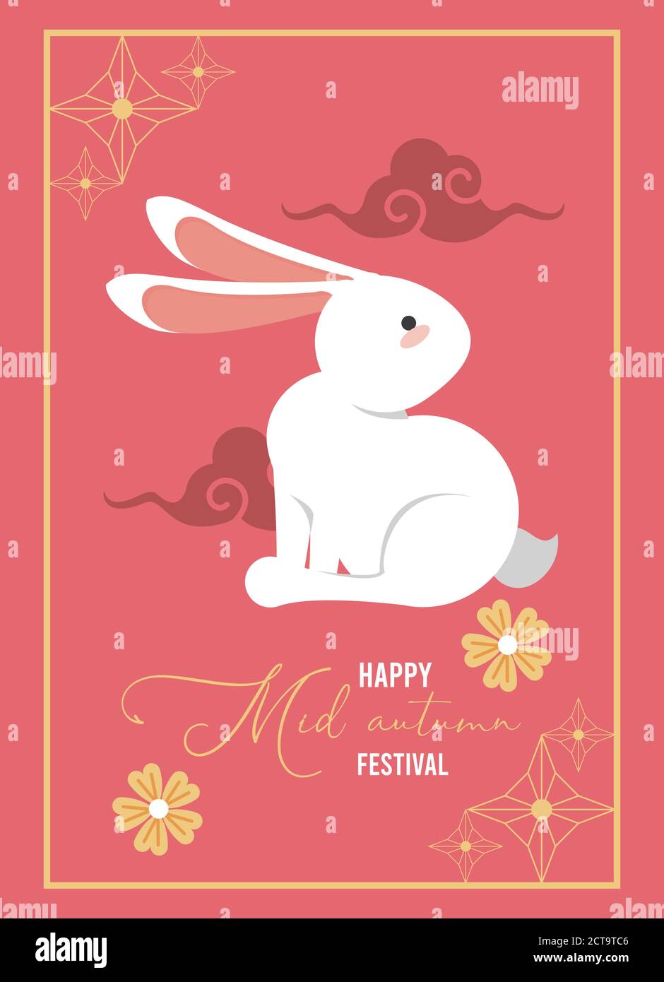 happy mid autumn lettering card with rabbit and clouds vector ...