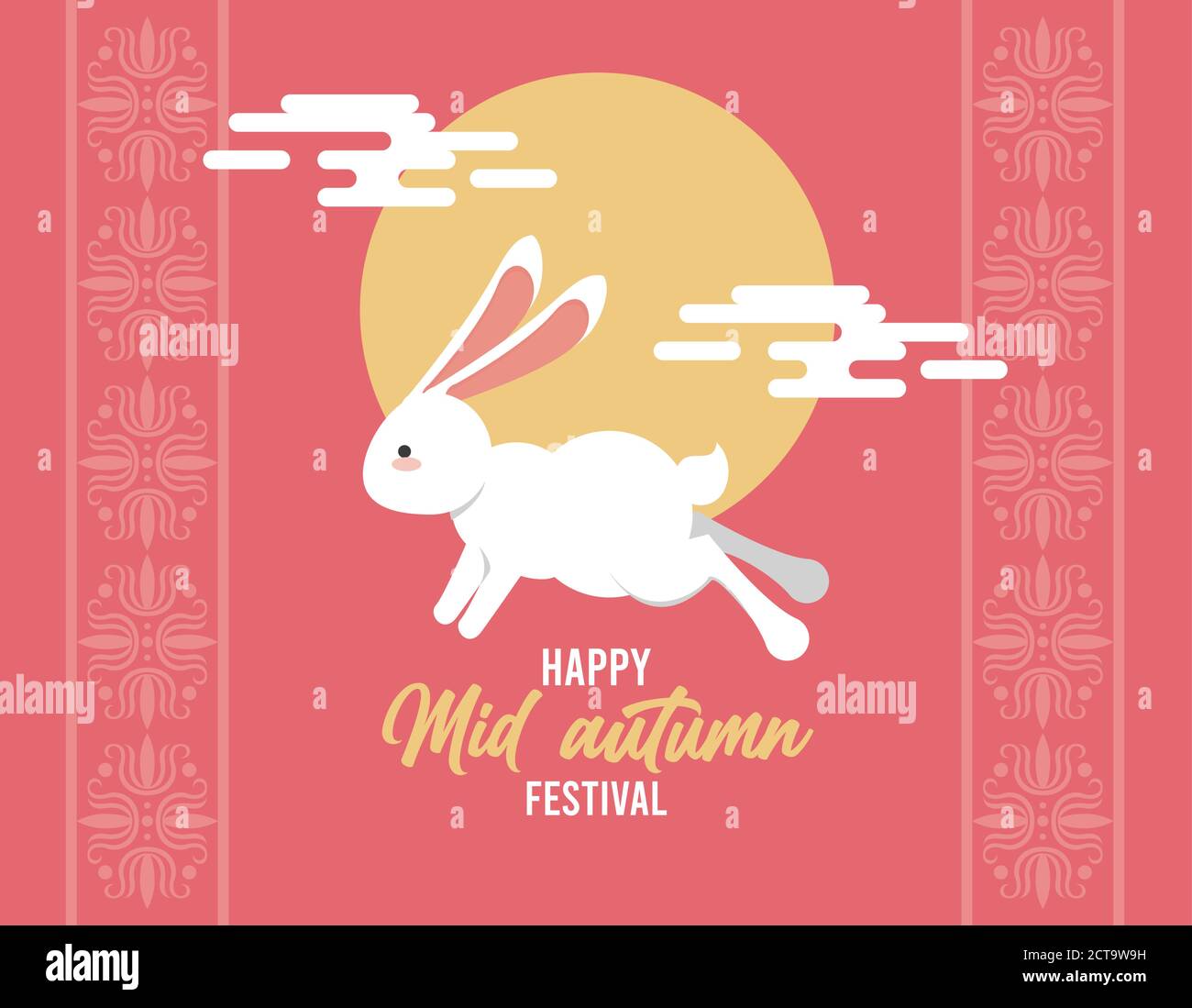 happy mid autumn lettering with rabbit and moon vector illustration ...