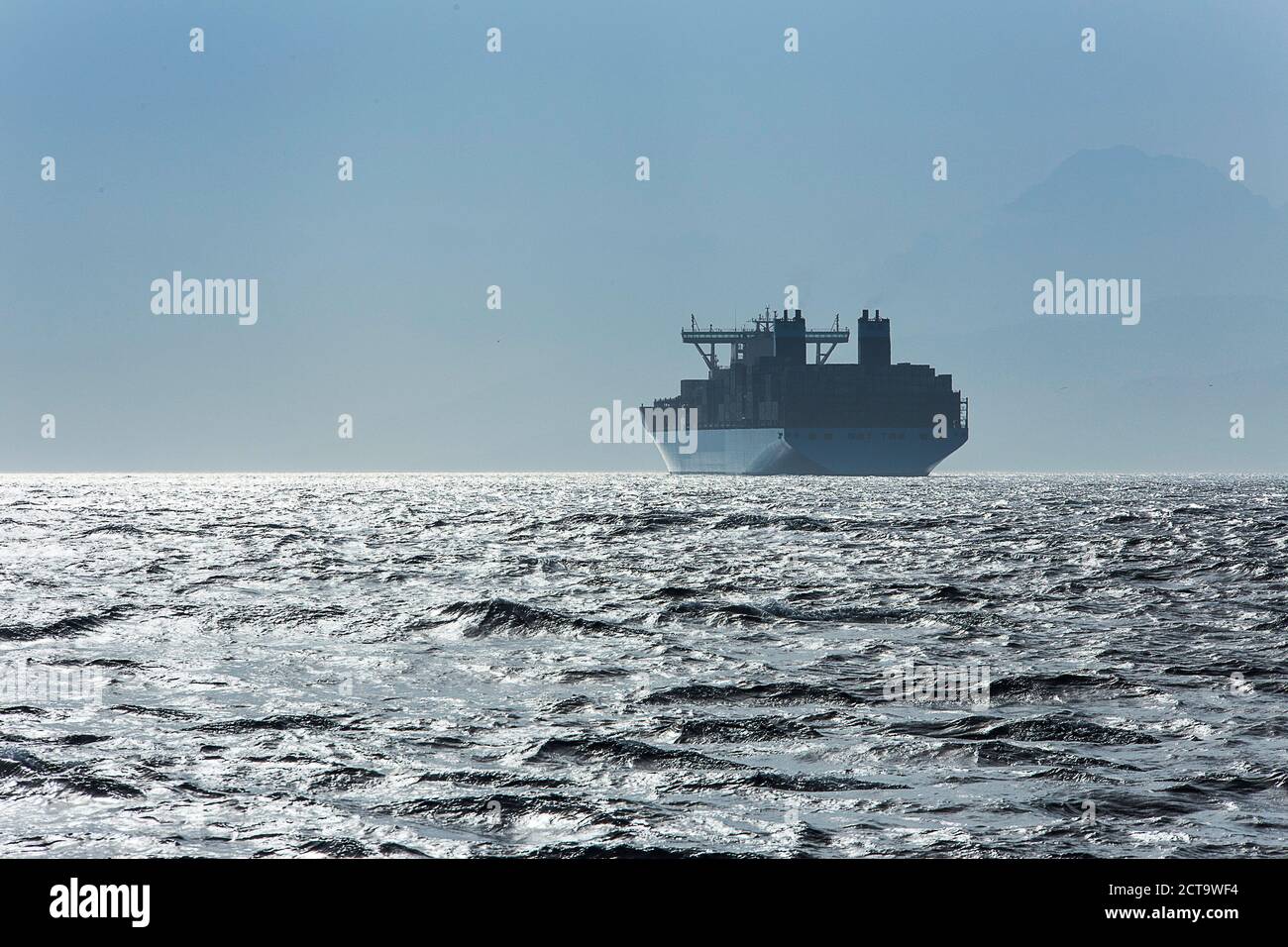 Spain, Andalusia, Tarifa, Strait of Gibraltar, Cargo ship Stock Photo ...