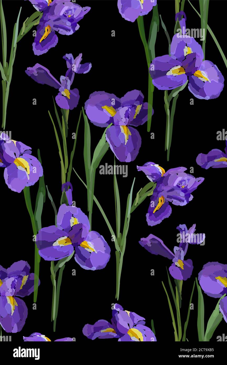 Irises flowers vector seamless background pattern hand drawn. Vector ...