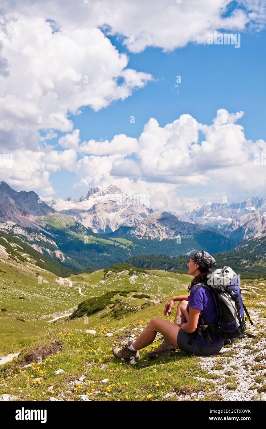 Italy, South Tyrol, Dolomites, Fanes-Sennes-Prags Nature Park, hiker ...