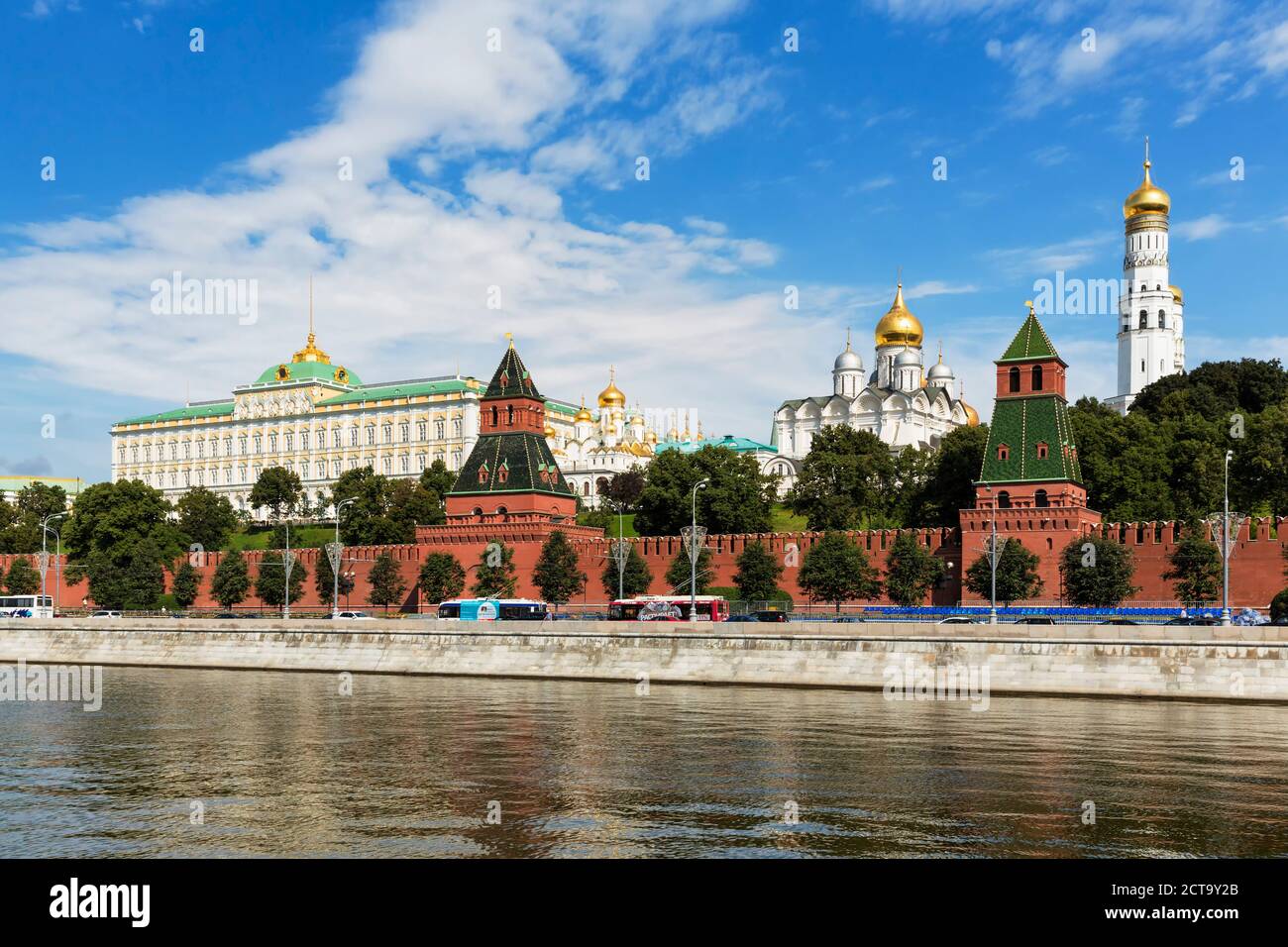 Russia, Moscow, River Moskva, Kremlin wall with towers and cathedrals ...