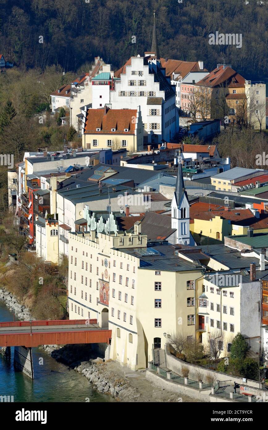 Germany, Upper Bavaria, Wasserburg on Inn, Bridge and town gate at Inn ...