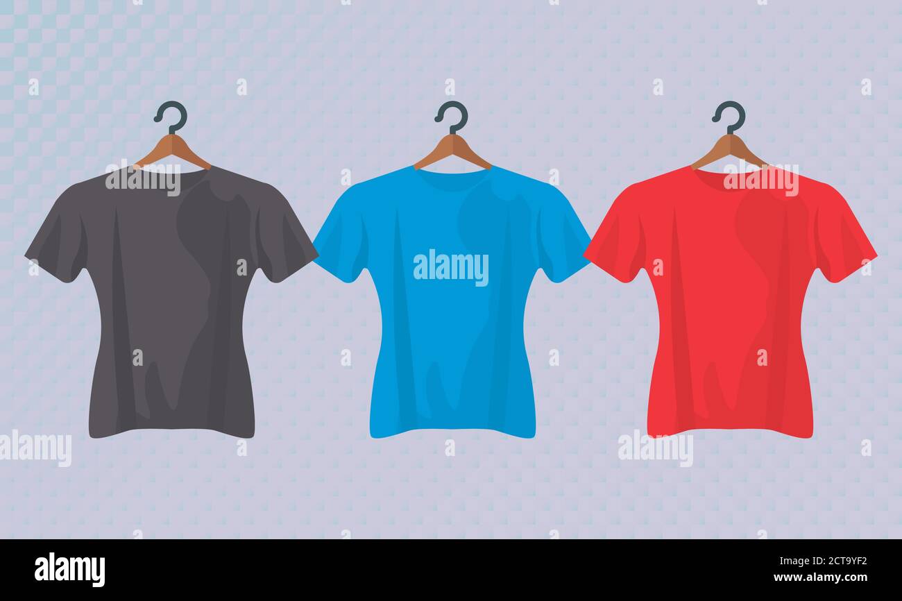 three mockup shirts in clothespins hanging vector illustration design ...
