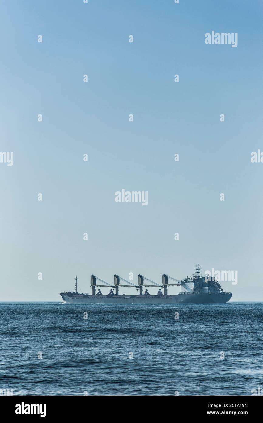 Spain, Andalusia, Tarifa, Strait of Gibraltar, Cargo ship Stock Photo ...