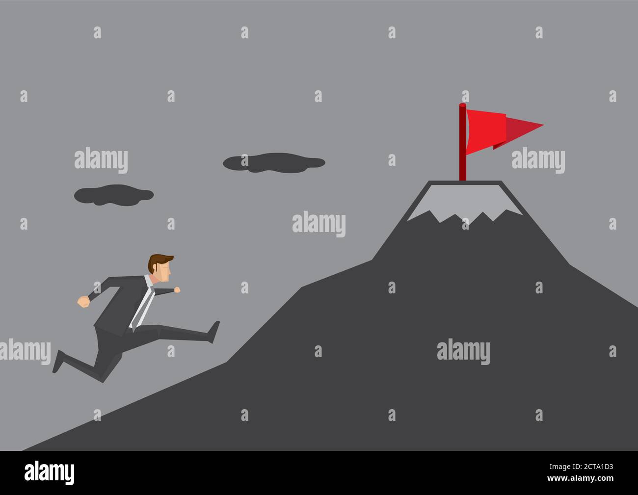 Motivated business professional running up snow mountain with ...