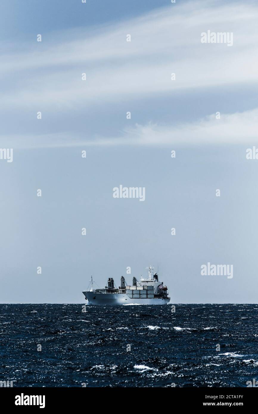 Spain, Andalusia, Tarifa, Strait of Gibraltar, Cargo ship Stock Photo ...
