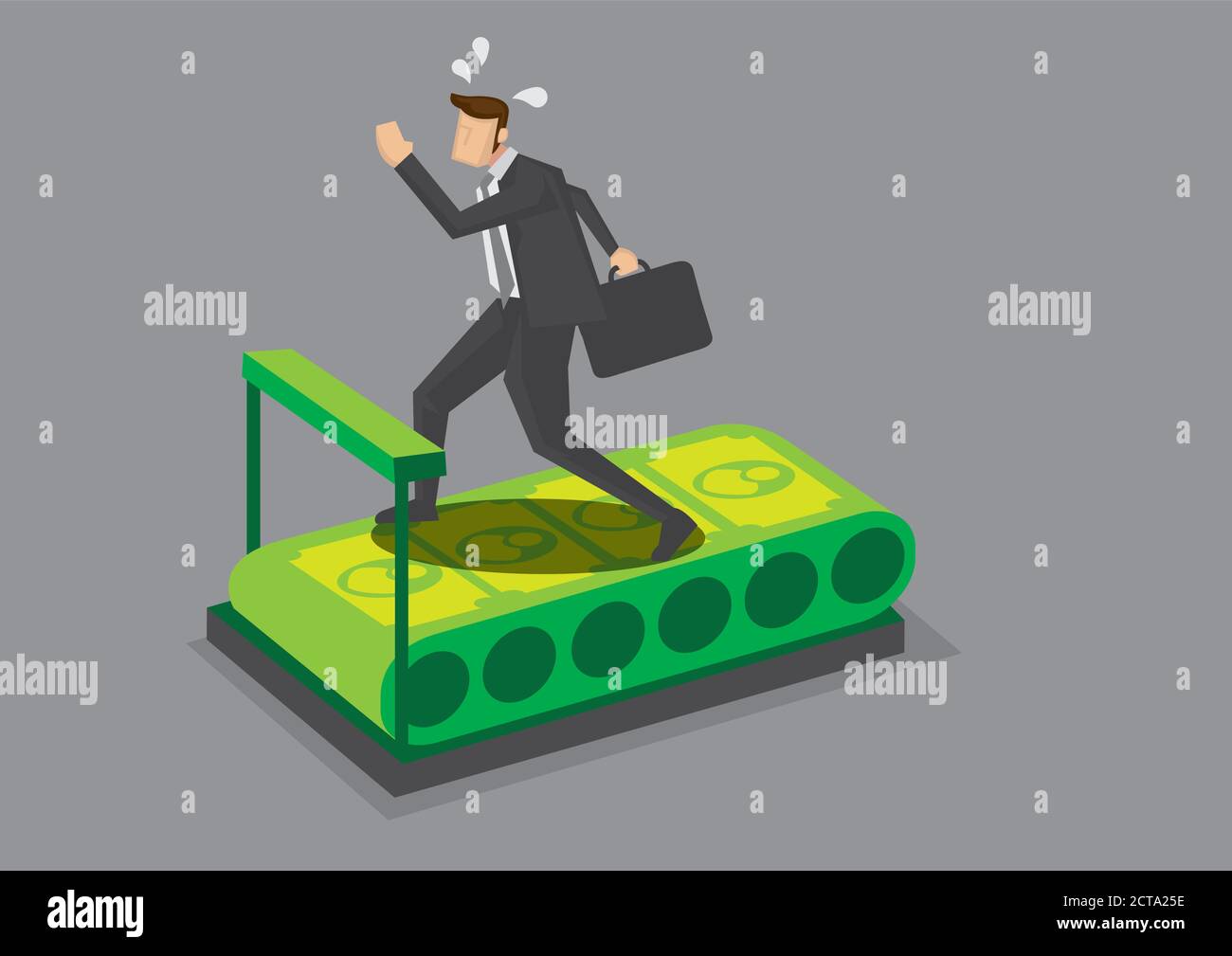 Cartoon business executive character running on treadmill will money ...