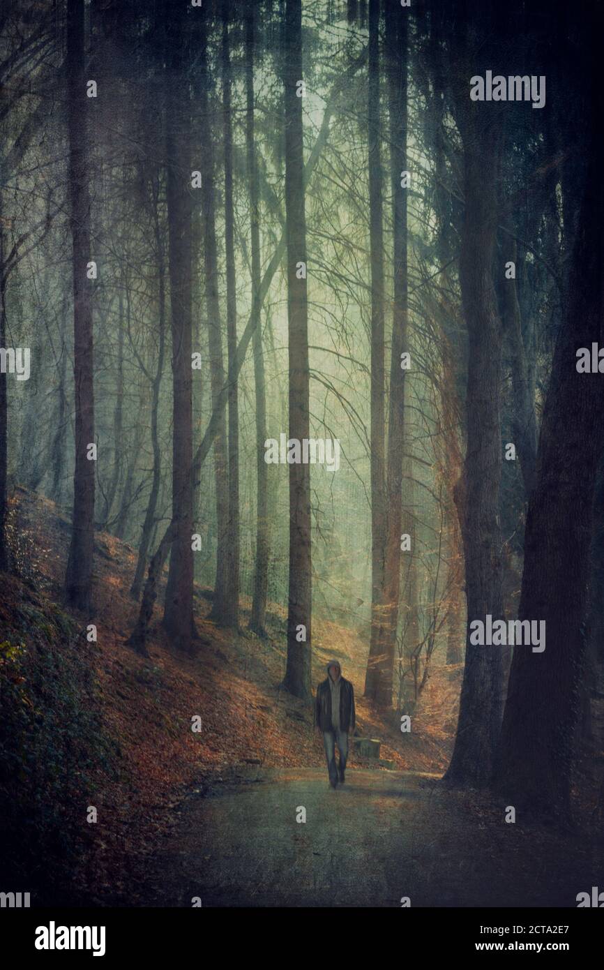 Germany, Solingen, Man on forest path, Textured effect Stock Photo - Alamy