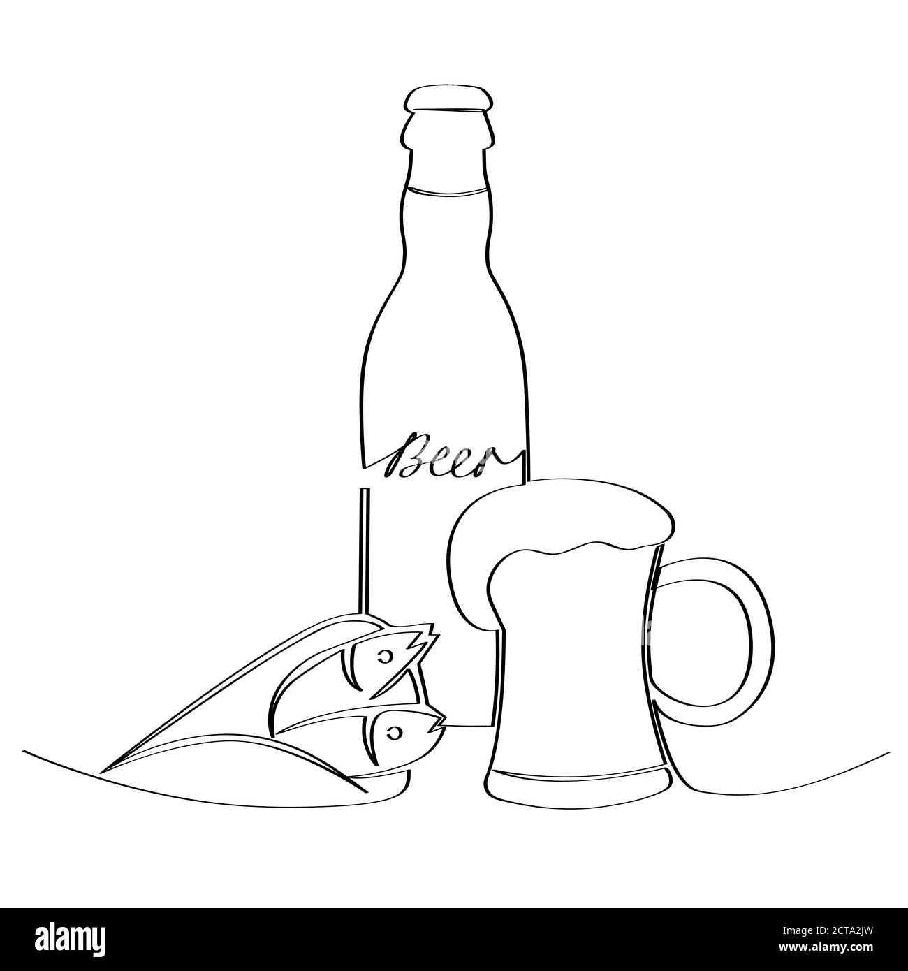 Beer and fish drawn by one line isolated on white background. Stock ...
