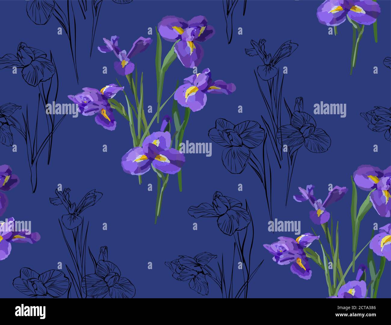 Irises flowers vector seamless background pattern hand drawn. Vector ...