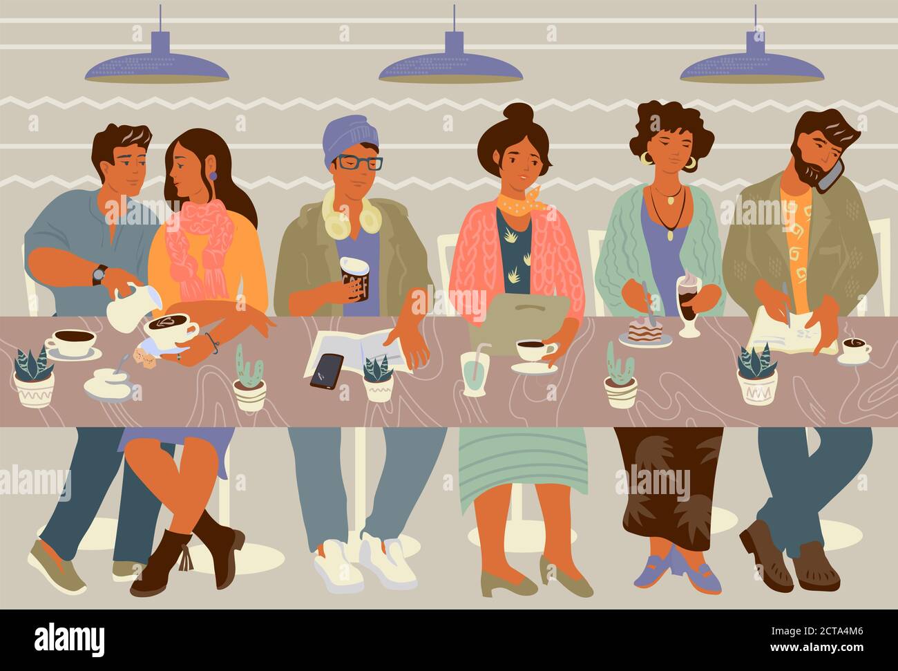 People in cafe or coffee shop meeting, working and drinking coffee flat ...