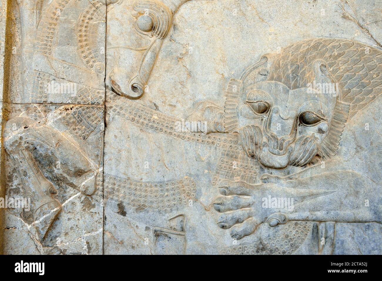 Iran, Achaemenid archeological site of Persepolis, bull and lion bas ...