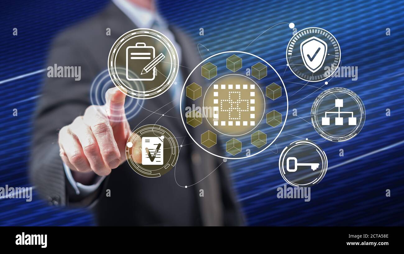 Man touching a smart contract concept on a touch screen with his ...