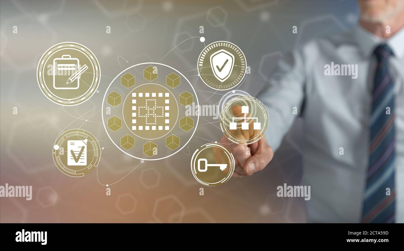 Man touching a smart contract concept on a touch screen with his finger ...