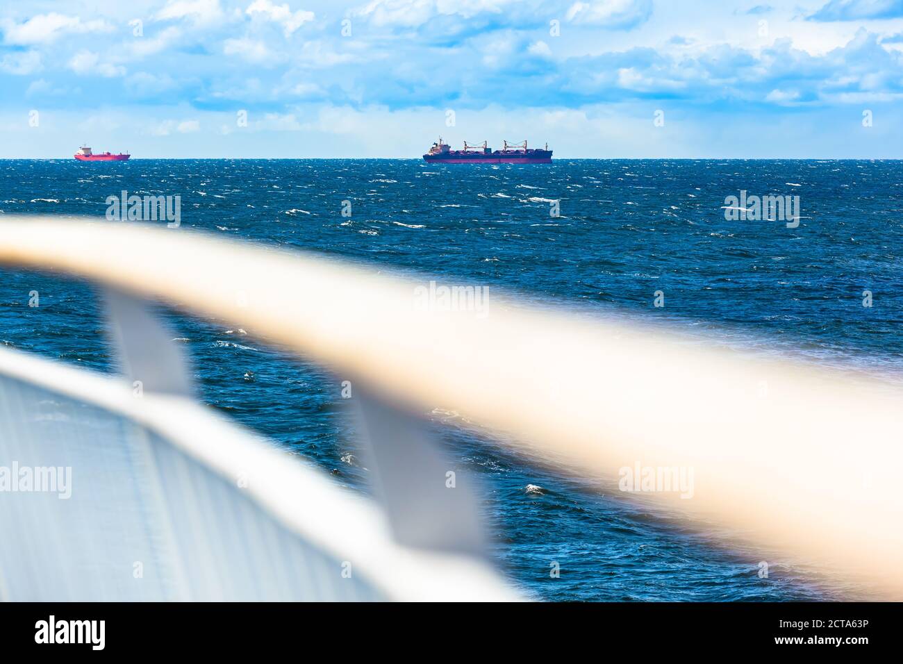 View from ship observation deck railing to sea horizon and maritime ...