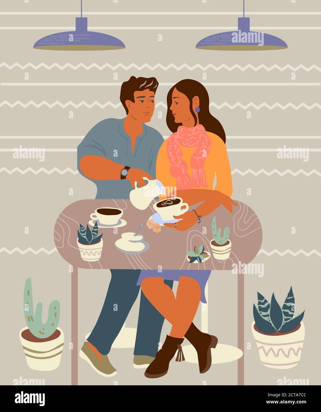 Young couple dialog or conversation at cafe on date flat cartoon vector ...
