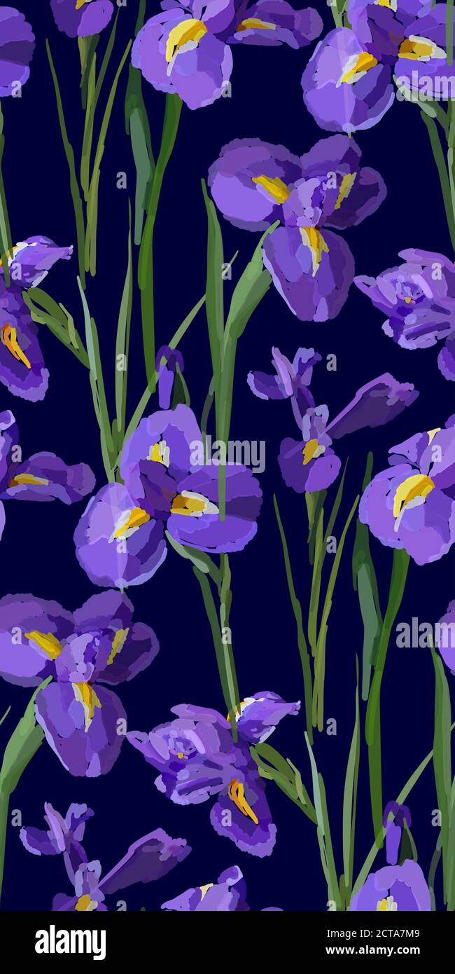 Irises flowers vector seamless background pattern hand drawn. Vector ...
