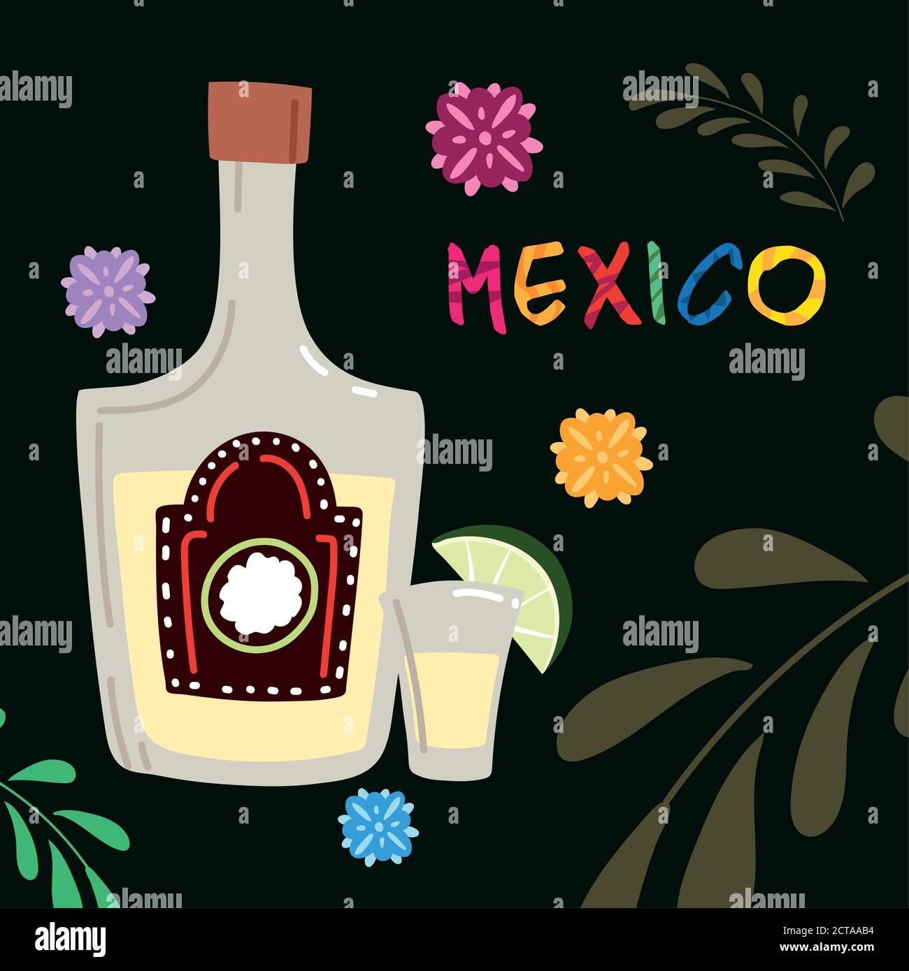 mexico label with tequila bottle, traditional Mexican drink vector ...