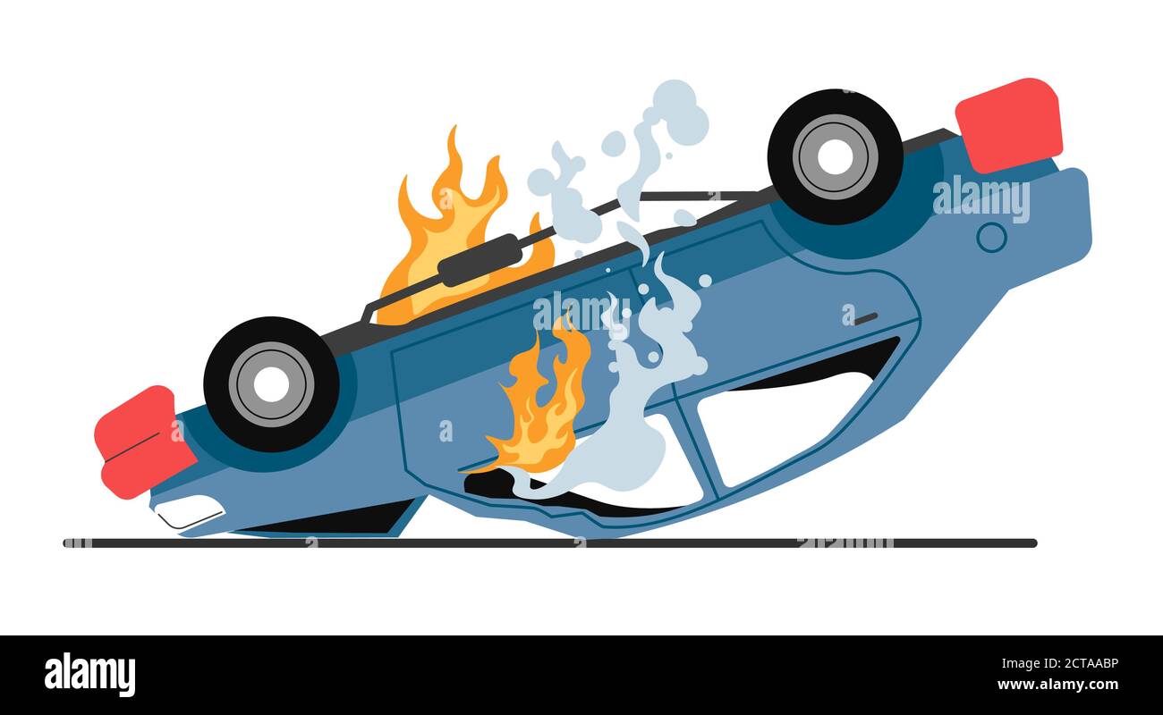 Burning car with damaged body, traffic accident or breakage Stock ...
