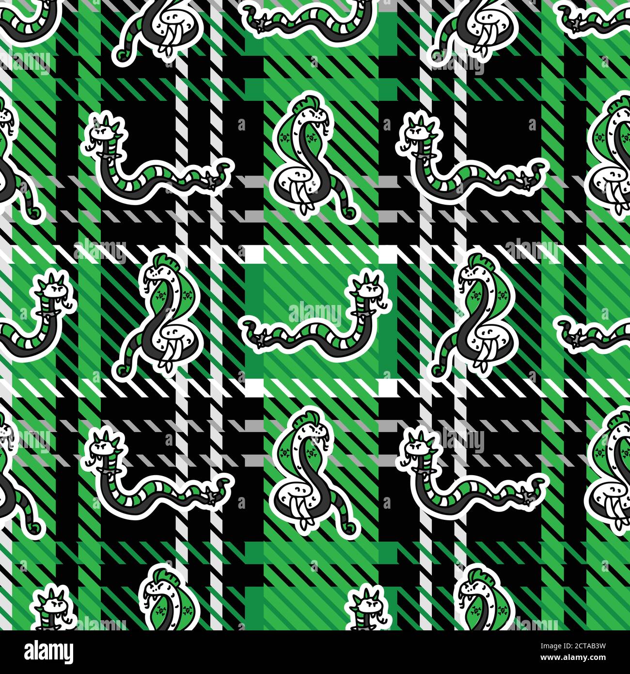 Cute punk snake on plaid background vector pattern. Grungy alternative ...