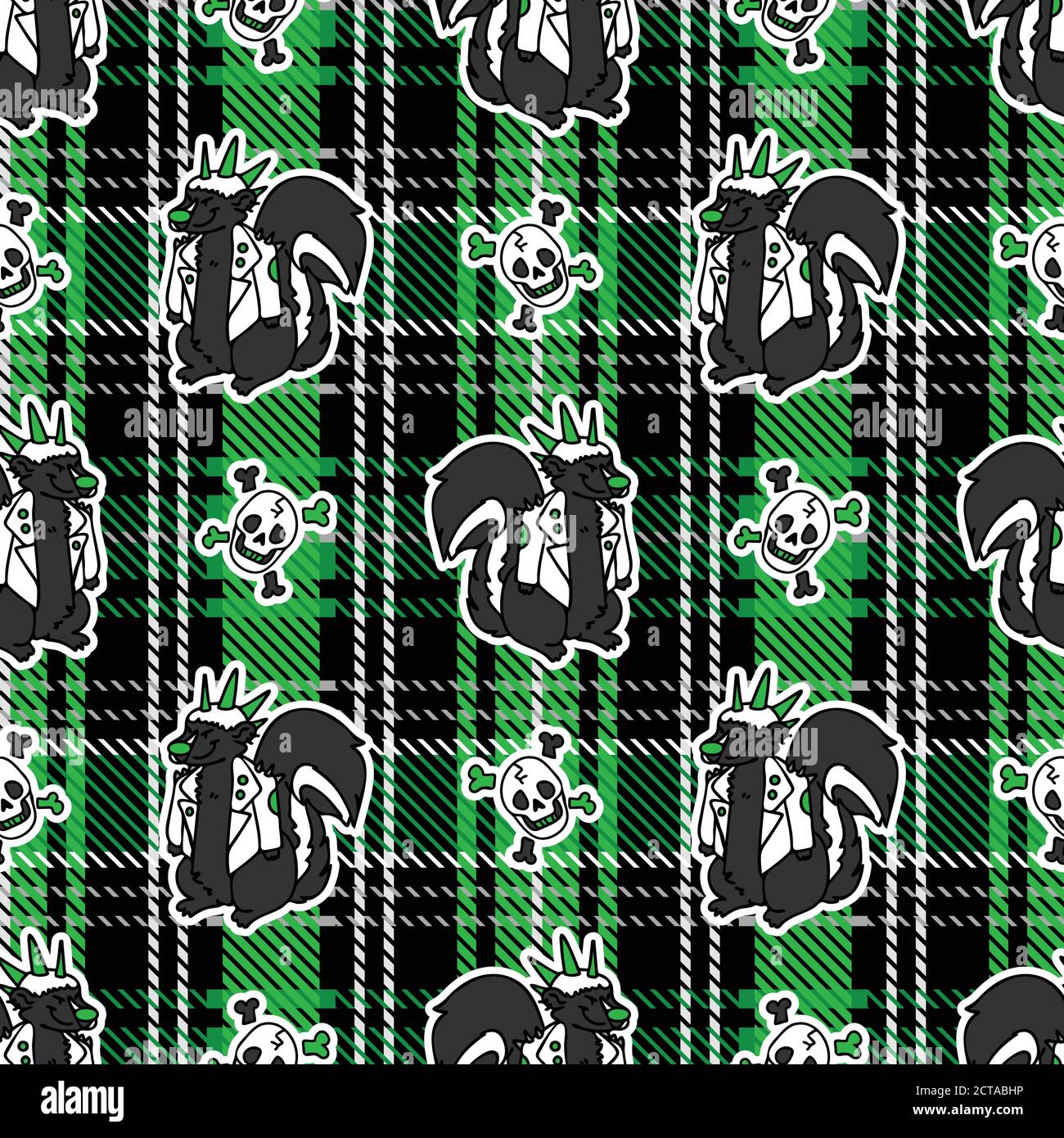 Cute punk skunk with skull on plaid background vector pattern. Grungy ...