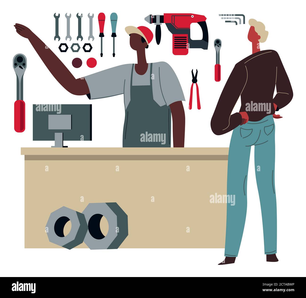 Tool shop seller consulting customer showing assortment of products ...