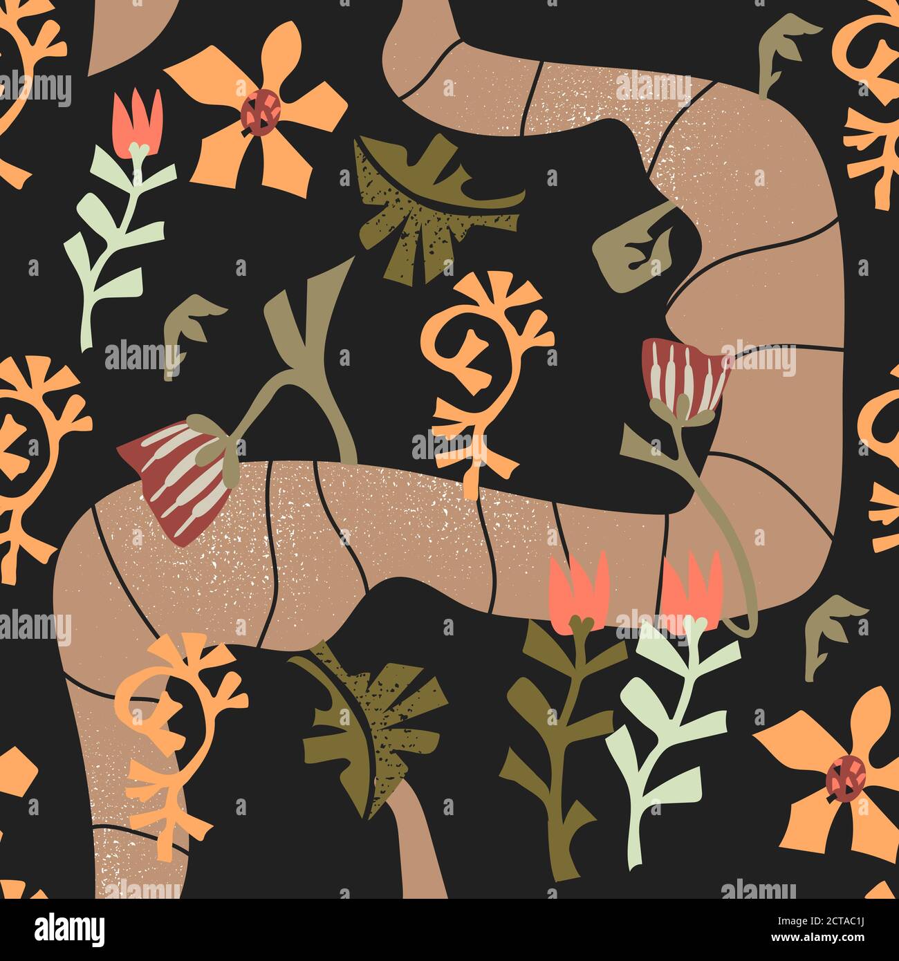 Hand drawn abstract unusual plants collage seamless pattern vector ...