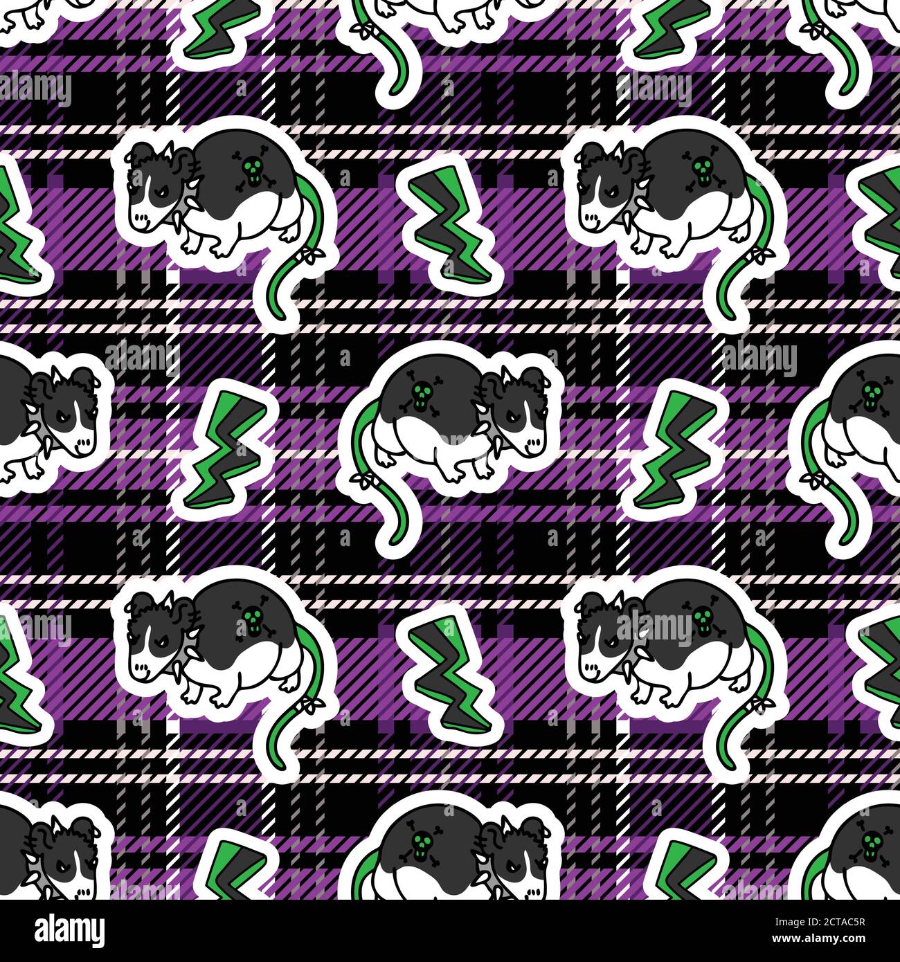 Cute punk rat with lightning on plaid background vector pattern. Grungy ...