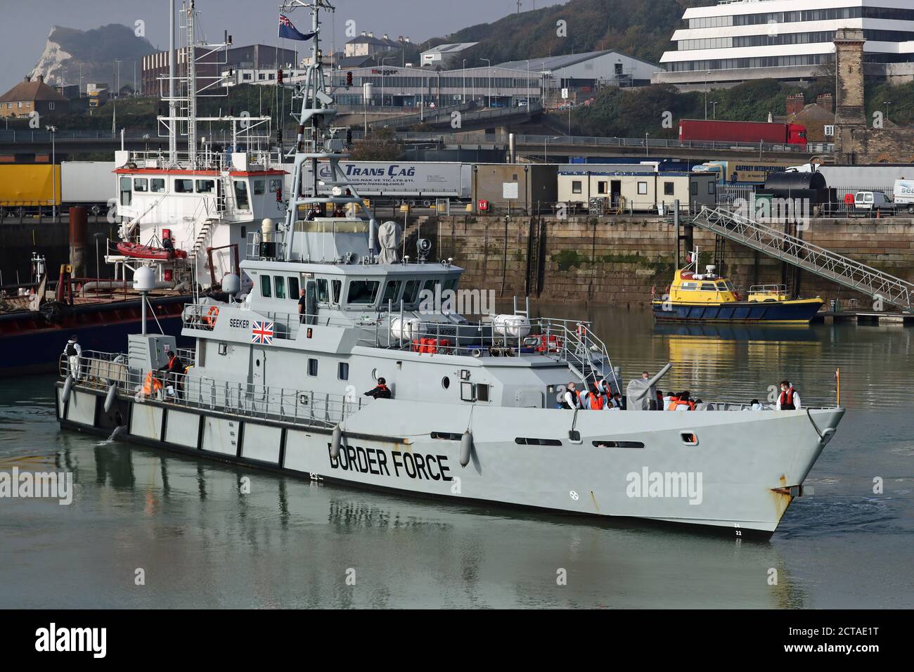 Border Force vessel, HMC Seeker,in Dover marina in Kent, after a small ...
