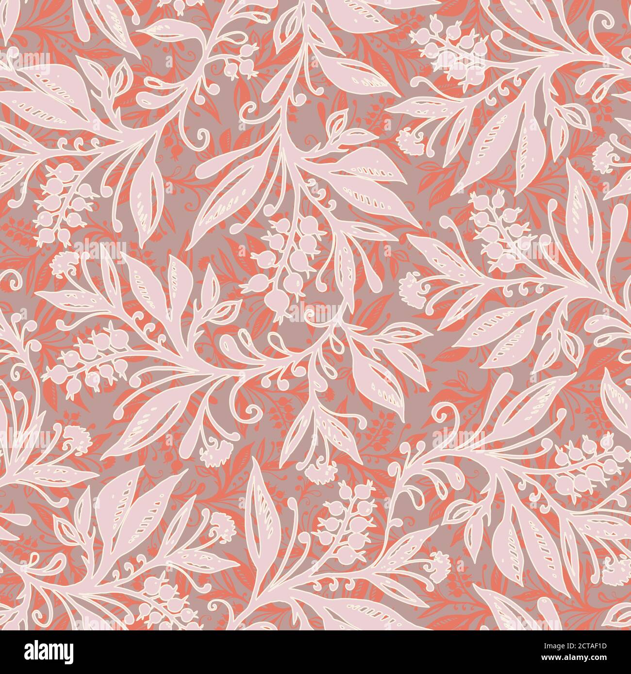 Floral seamless pattern with leaves and berries in coral, chartreuse ...